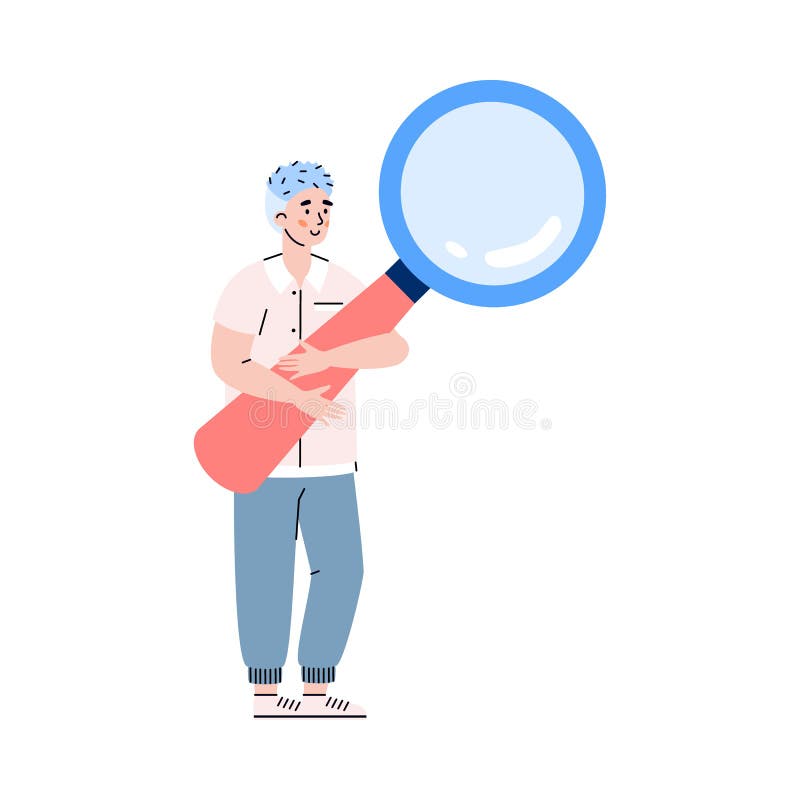Man Character with Huge Magnifier, Flat Cartoon Vector Illustration ...