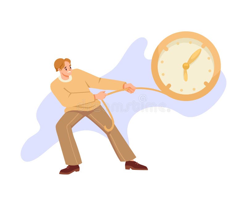 Man Character Pulling Clock Dial with Rope Vector Illustration Stock ...