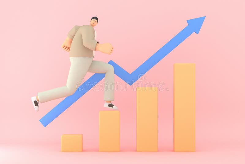 A Man Character Running with the Graph Shows the Stock Up. 3d Rendering ...