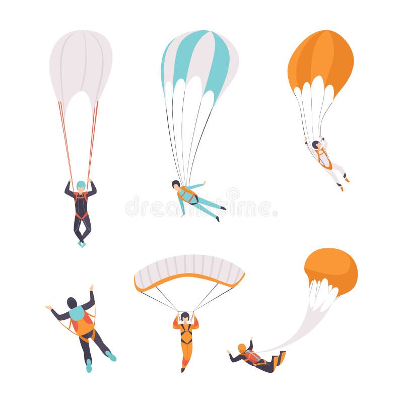 Man Character Skydiving Falling Down with Parachute Vector Set Stock ...