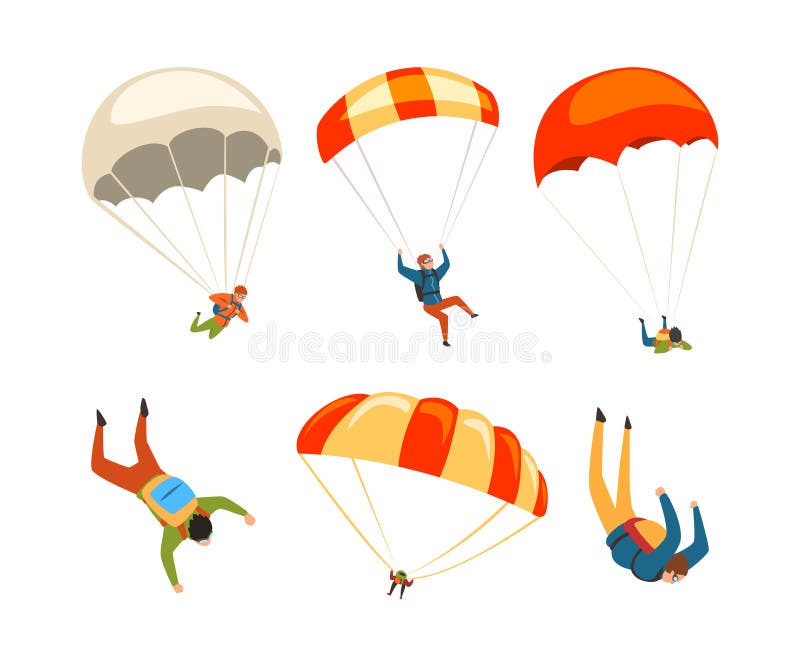 Man Character Skydiving Falling Down with Parachute Vector Set Stock ...
