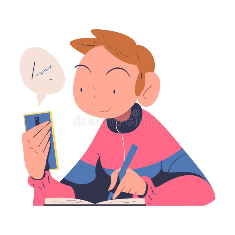 Man Character with Smartphone Writing Something in Notepad Learning ...