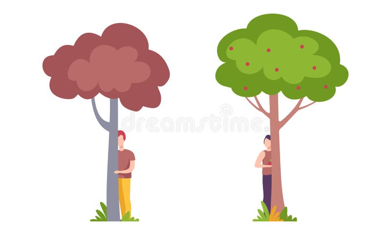 Man Character Standing Behind Tree Trunk Peeking and Looking Vector Set ...