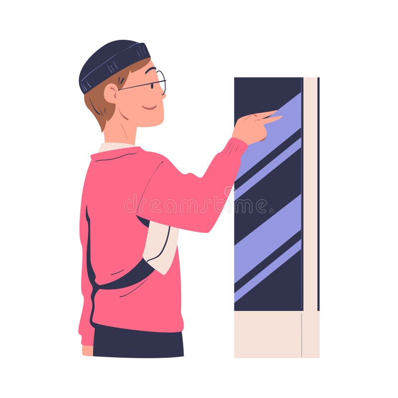 Man Character Using Information Board with Interactive Interface Vector ...