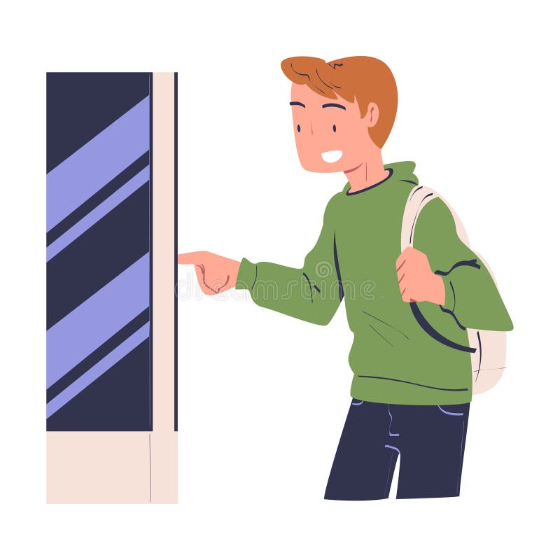 Man Character Using Information Board with Interactive Interface Vector ...