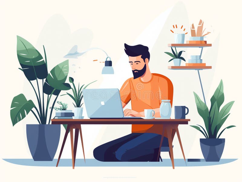 Man Character Working Comfortable at Home Stock Illustration ...