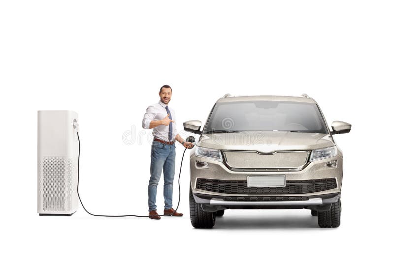 Man Charging Electric Vehicle and Pointing Stock Image - Image of hold ...