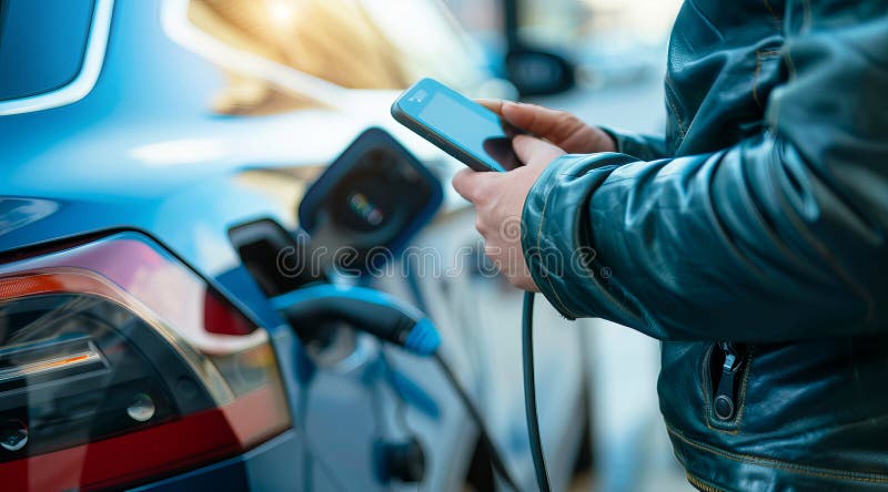 A Man is Charging His Electric Car Stock Illustration - Illustration of ...