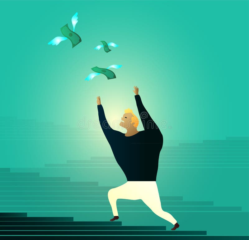Man Chasing Money, Runs after Flying Dollar Bills Stock Illustration ...