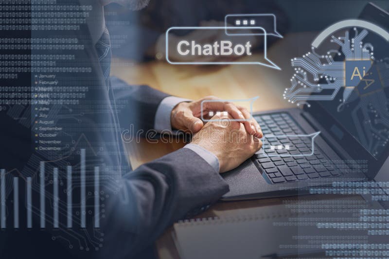 Man Chatting with an AI ChatBot Using Laptop Computer Stock Photo ...