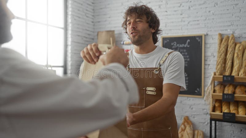 Man Chatting with a Customer in a Bakery Interior while Handing Over a ...