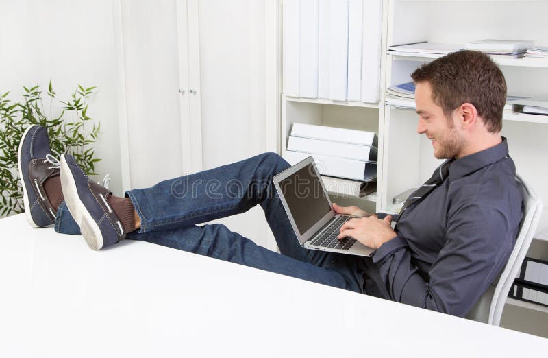 Man Chatting with Laptop at Office. Stock Image - Image of desktop ...