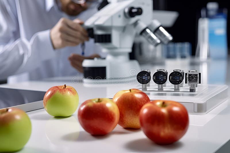 Man Check the Quality of Apples with a Microscope, a Food Quality ...