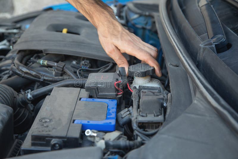 Man Checking Brake Fluid in Engine Stock Image - Image of motor ...