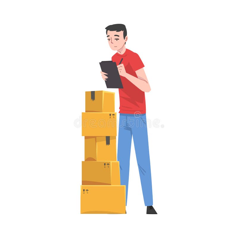 Man Checking Cardboard Boxes in Warehouse, Male Worker Preparing Goods ... Man Checking Cardboard Boxes in Warehouse, Male Worker Preparing Goods ...