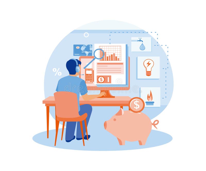 Man Checking Electricity Bill on Computer. Save Money on Savings ...