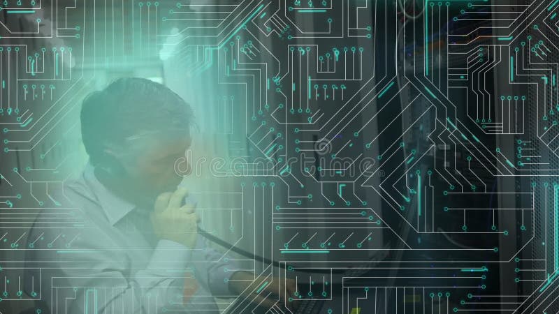 Man Checking Equipment in a Computer Server Room and Computer Circuit ...