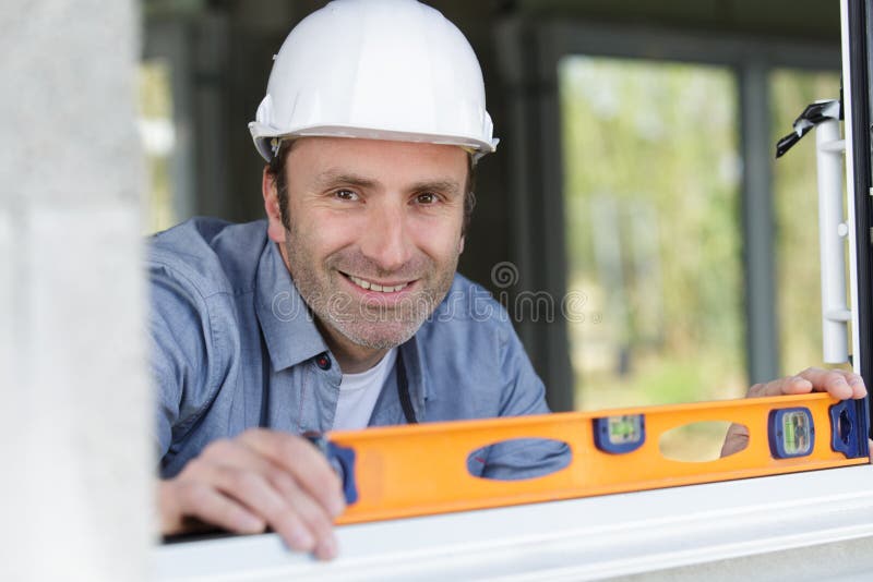Man Checking Level Construction Site Stock Image - Image of frame ...