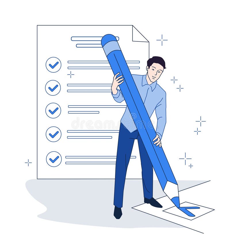 Man Checking List with Giant Pencil. Vector Illustration Stock Vector ...