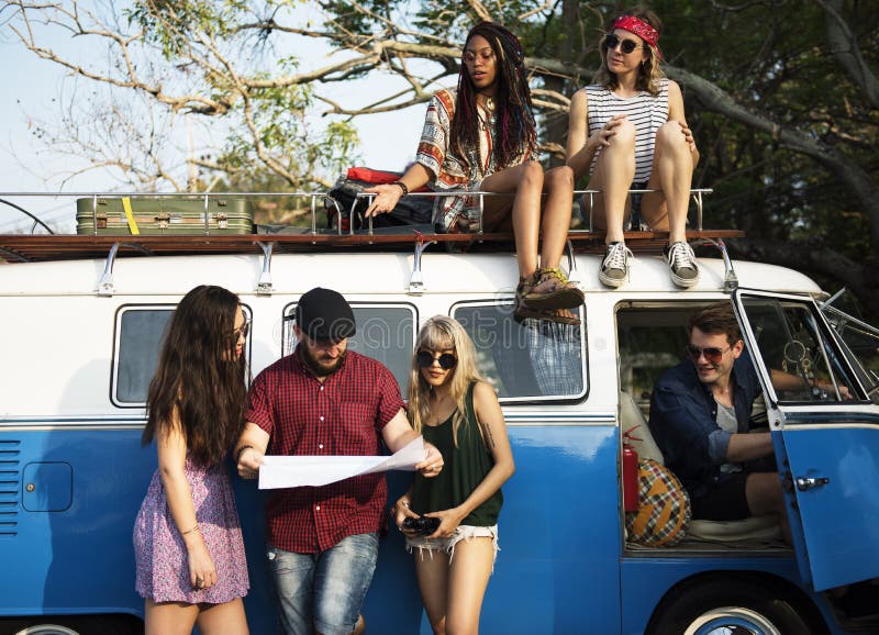 Man Checking the Map for Direction with Friends Stock Image - Image of ...
