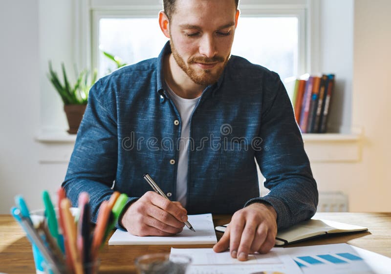 Man Checking Notes at Home Office Stock Image - Image of analyst ...