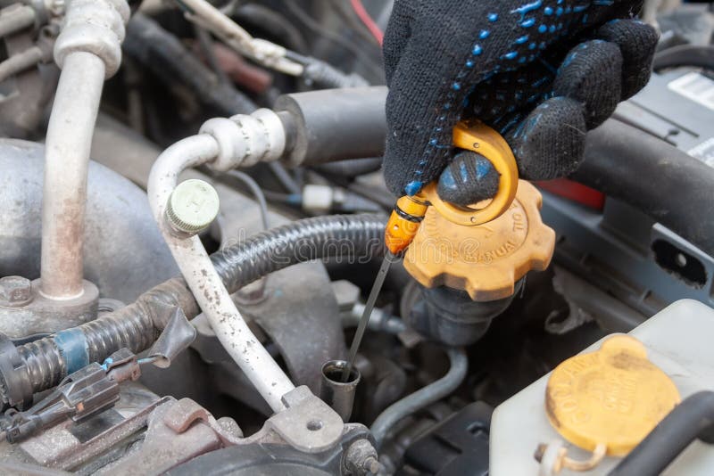 Man Checking Oil Level Under the Open Hood of a Flat-four Car Engine ...