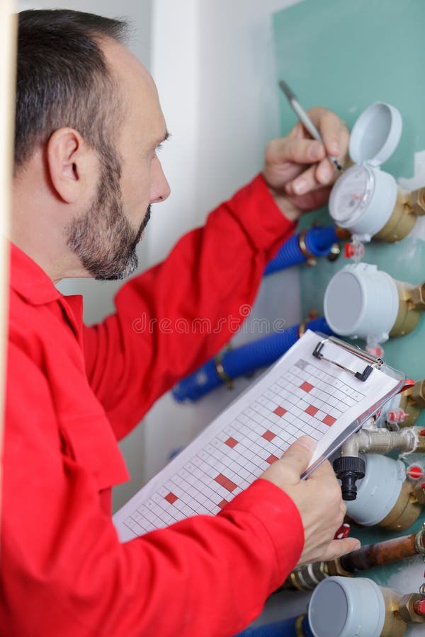 Man Checking Pipes Water Meter Stock Image - Image of plumbing ...