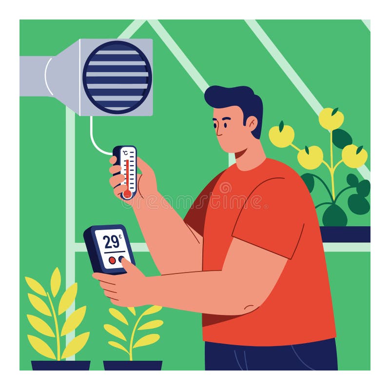 Man Checking Temperature with Thermometer in Greenhouse Surrounded by ...