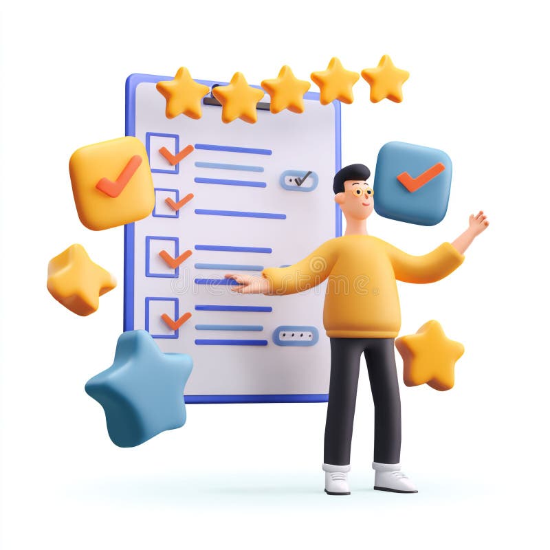 Man with Checklist and Stars Showing Successful Task Completion and ...