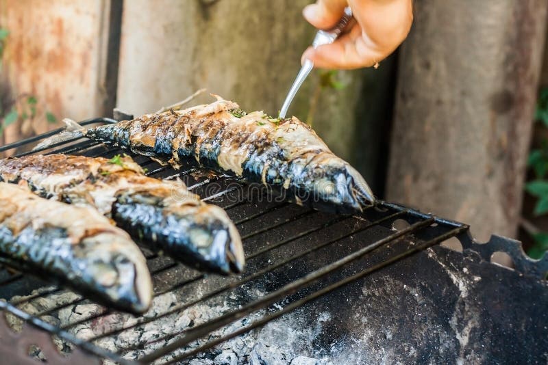 Man Checks the Fish on the Grill for Readiness Stock Image - Image of ...