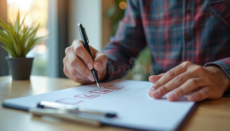 Man Checks Self Assessment Document with Pen. Evaluating Work Results ...