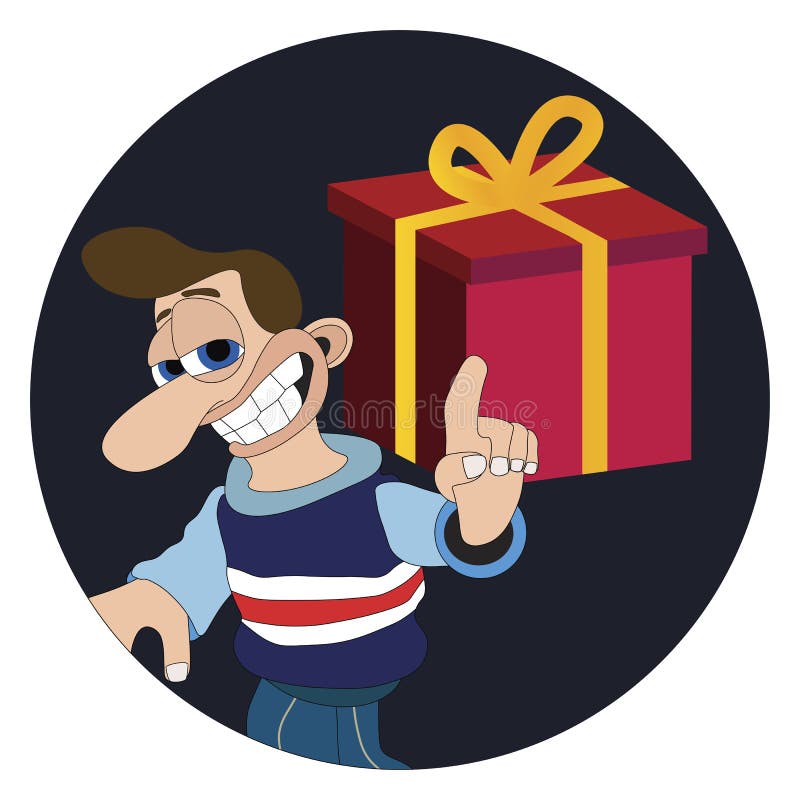 Man with a Cheeky Smile and Big Nose Pointing at a Present Sticker ...