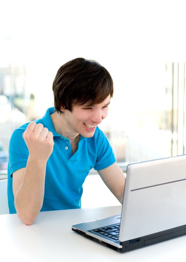 Man cheering stock photo. Image of home, happiness, computer - 8416084