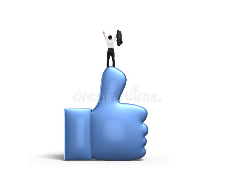 Man Cheering And Standing On Blue Thumb Up Stock Illustration ...