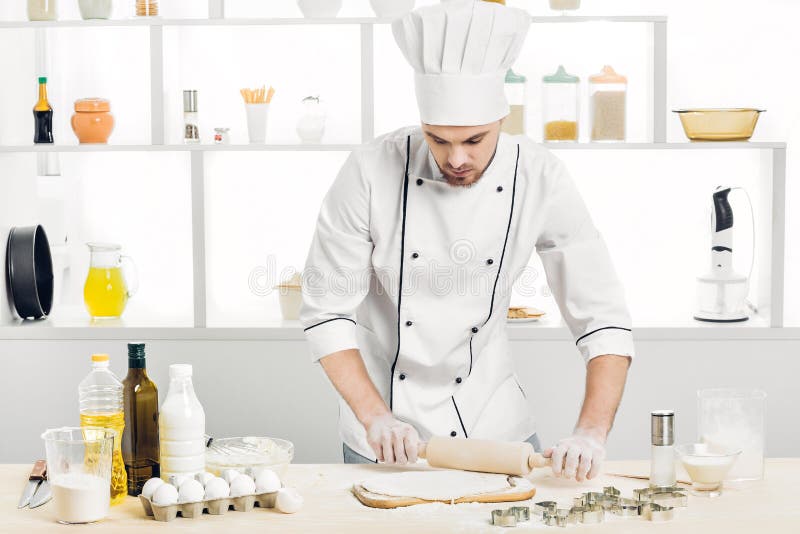 Man Chef Baking Dough with Rolling Pin in Kitchen Stock Image - Image ...