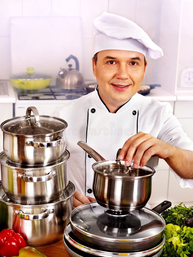 Man in Chef Hat Cooking Chicken Stock Photo - Image of cuisine, dinner ...