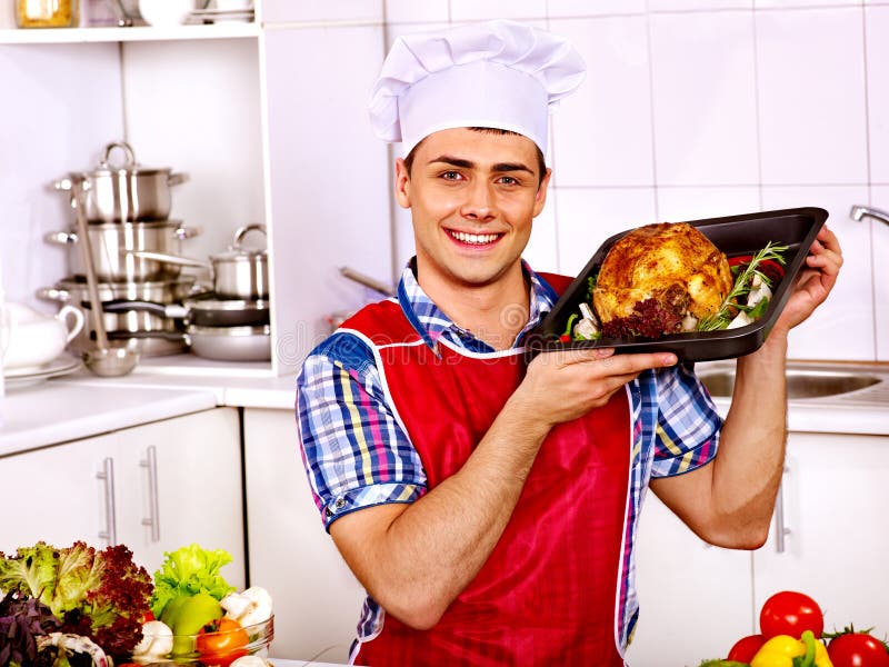Man in Chef Hat Cooking Chicken Stock Photo - Image of interior, grill ...