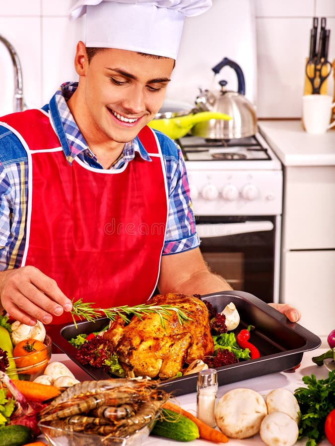 Man in Chef Hat Cooking Chicken Stock Image - Image of adult, chef ...