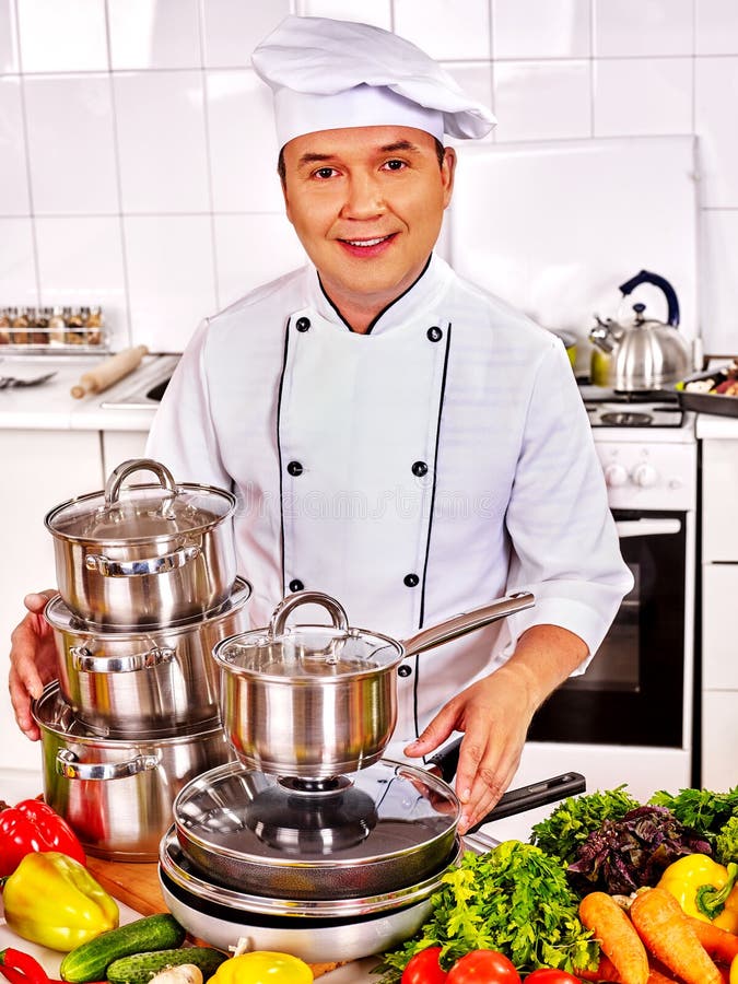 Man in Chef Hat Cooking Chicken Stock Image - Image of adult, home ...