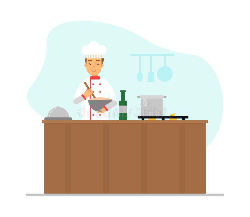 Man Chef at Kitchen Table Mixing Something in Bowl Vector Illustration ...