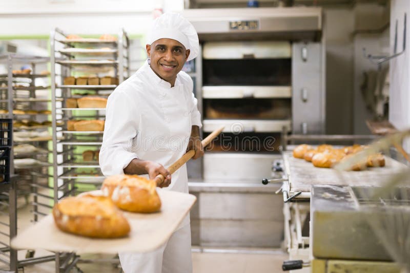 Man in Chefs Uniform with Bread on Shovel in Bakery Stock Image - Image ...