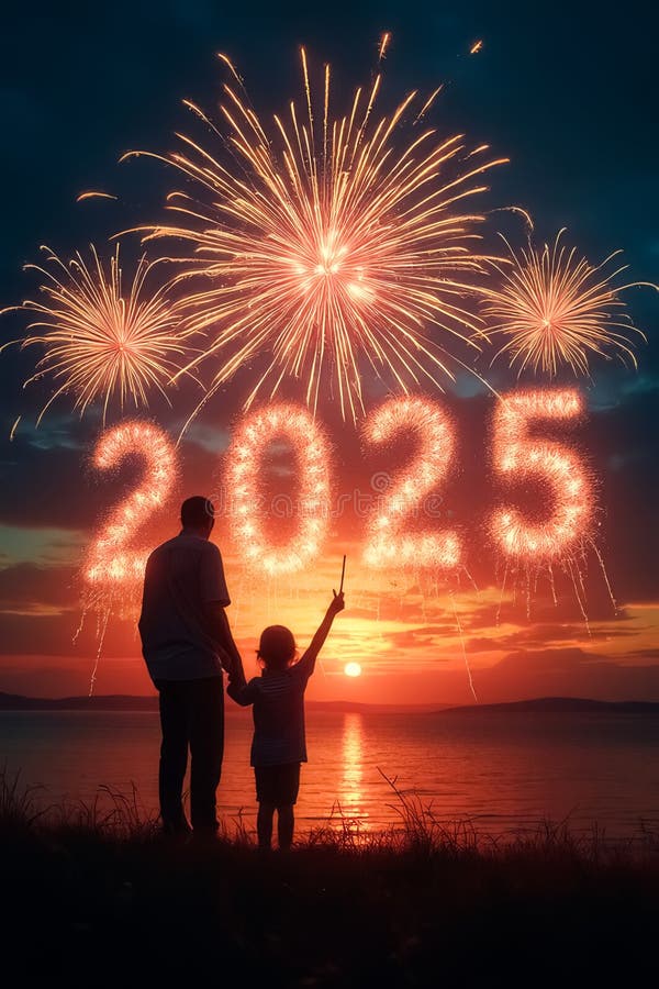 A Man and a Child are Standing on a Beach, Holding a Firework Stock ...