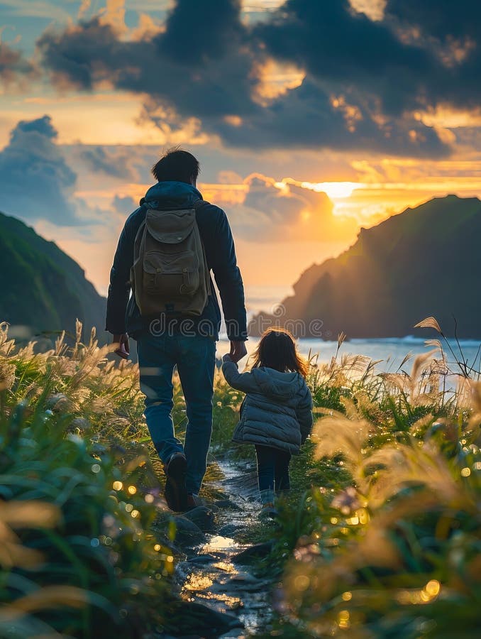 A Man and Child Walking Down a Path at Sunset Stock Image - Image of ...