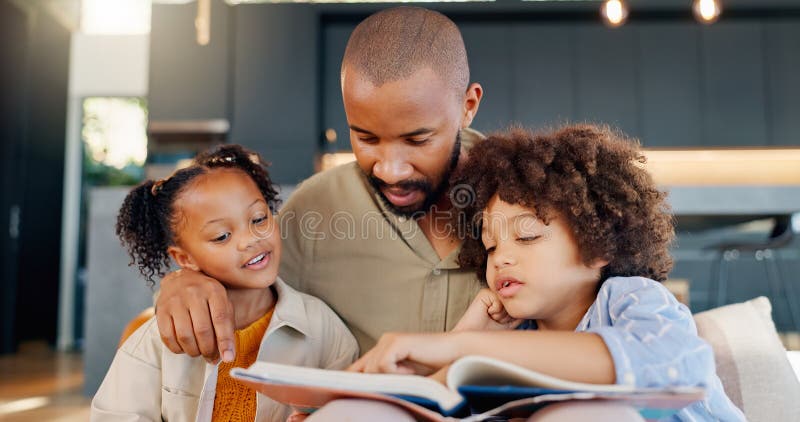 Man, Children and Reading with Book in Home, Sofa and Lounge for ...