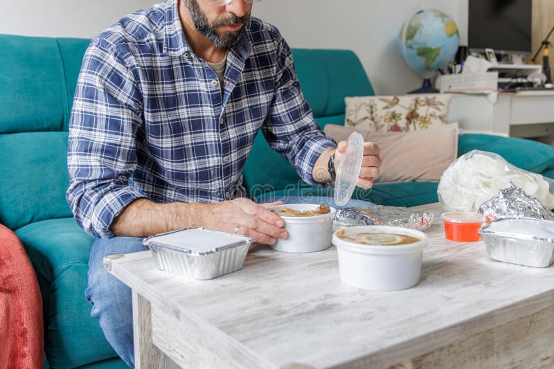 Man with Chinese Takeaway Food at Home. Stock Image - Image of meal ...
