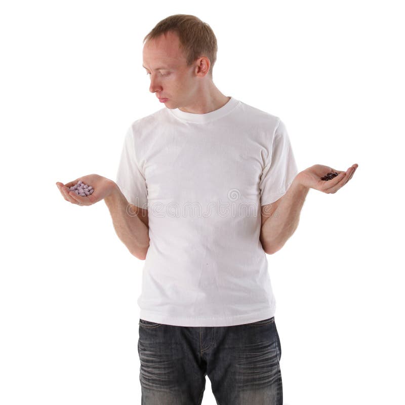 Man Chooses from Two Different Pills Stock Image - Image of real ...