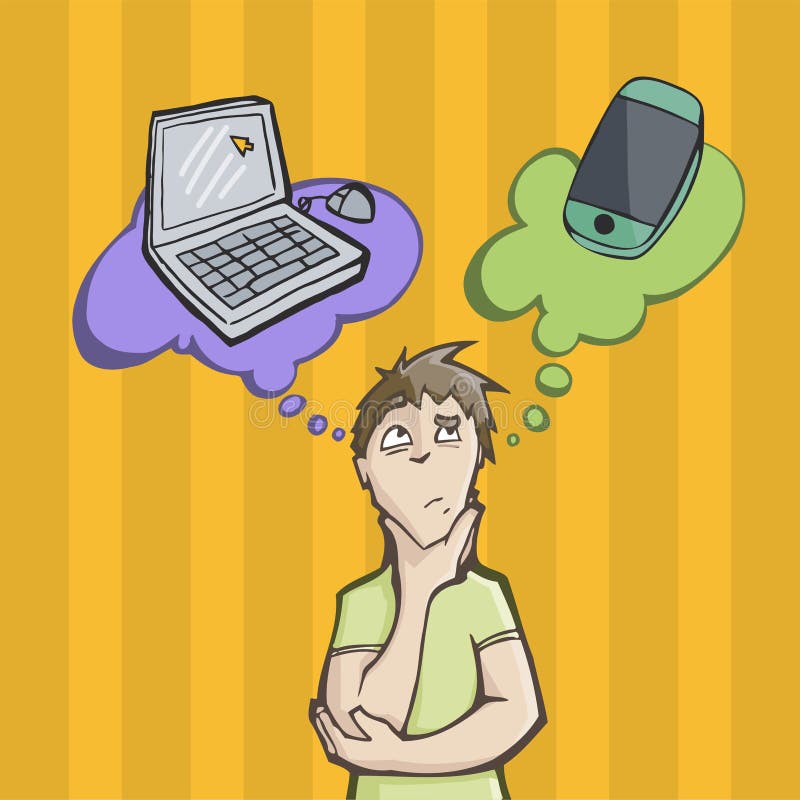 Man Choosing between a Laptop Computer or a Mobile Phone Stock Vector ...