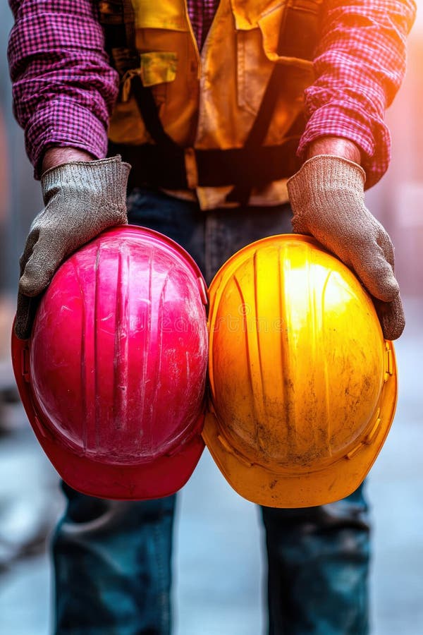 Choosing Hard Hats Construction Site Under Warm Sunlight Stock Photos ...