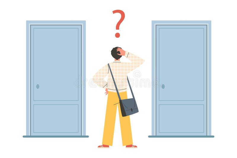 Man Choosing between Two Doors, Flat Vector Illustration Isolated on ...