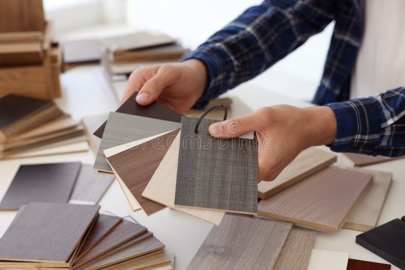 Man Choosing Wooden Flooring Different Samples Table Closeup Stock ...